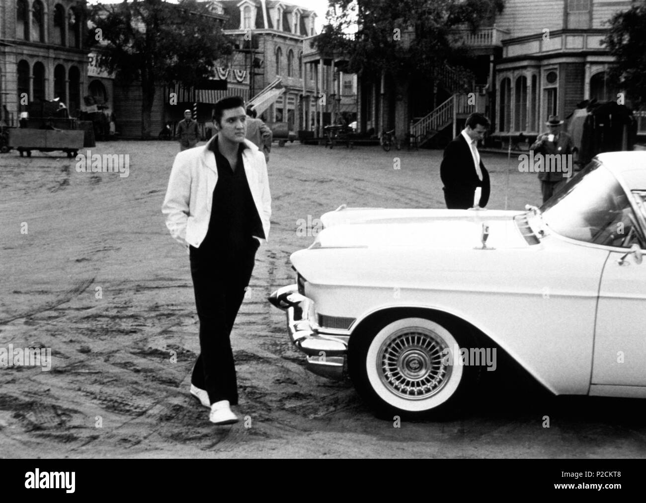 The American singer Elvis Presley on the film lot of a movie studio ...