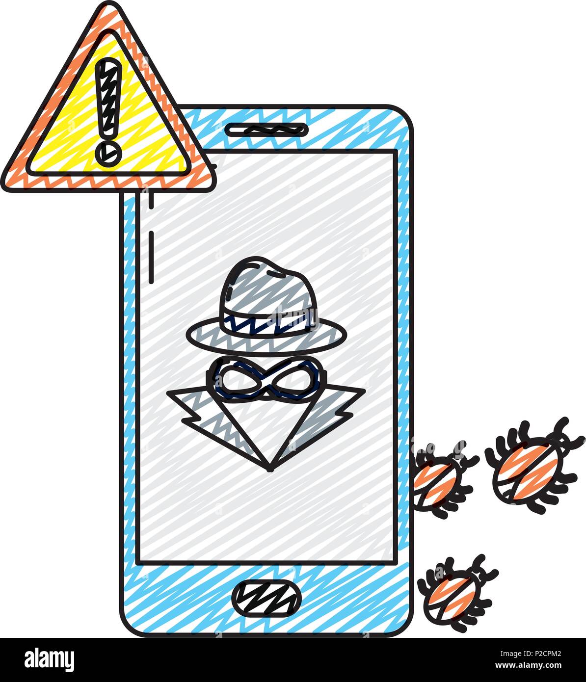 doodle smartphone with spider and hacker virus caution Stock Vector ...