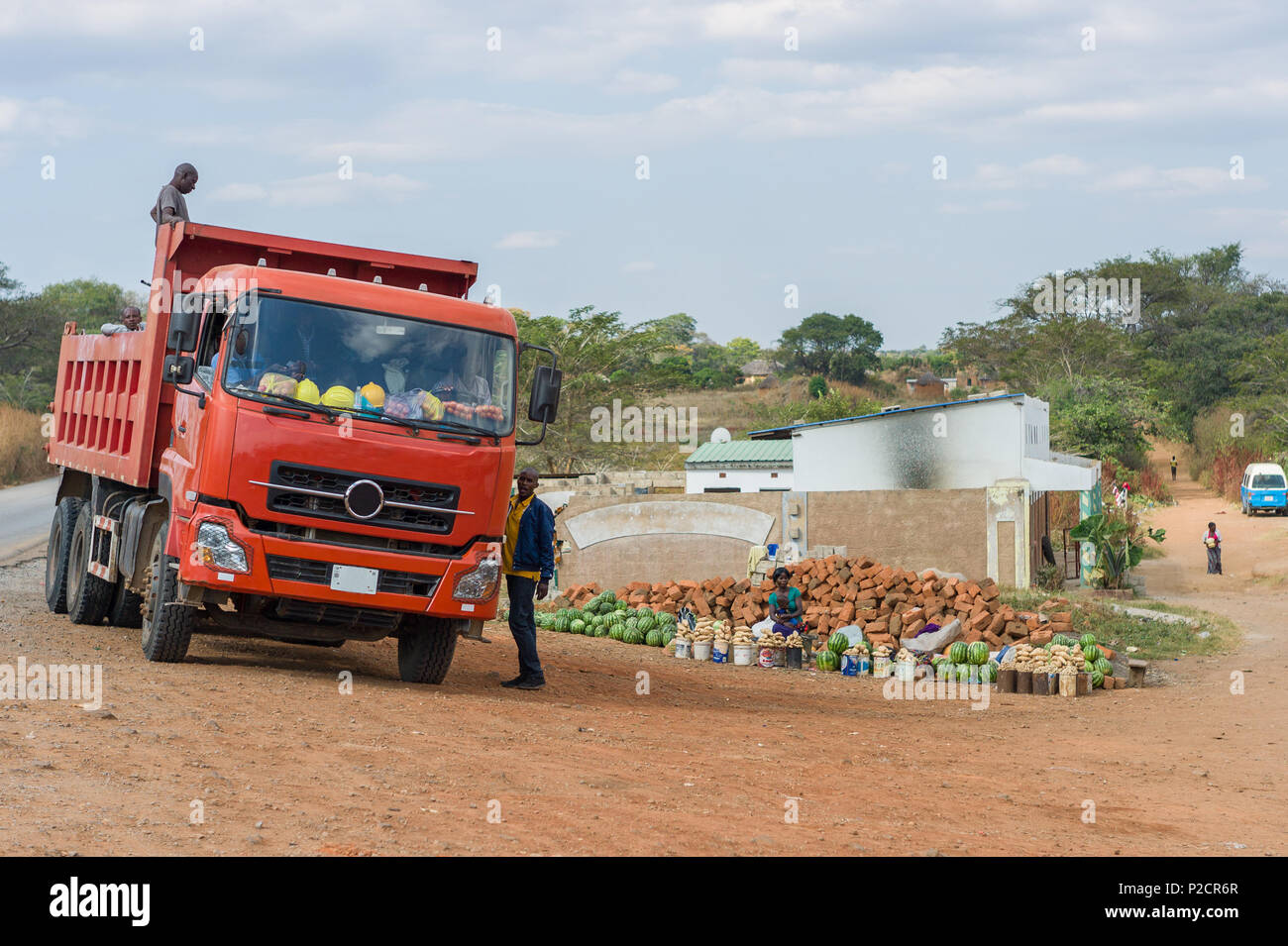 Truck in small town village of Mumbwa, Zambia on the Great West Road ...
