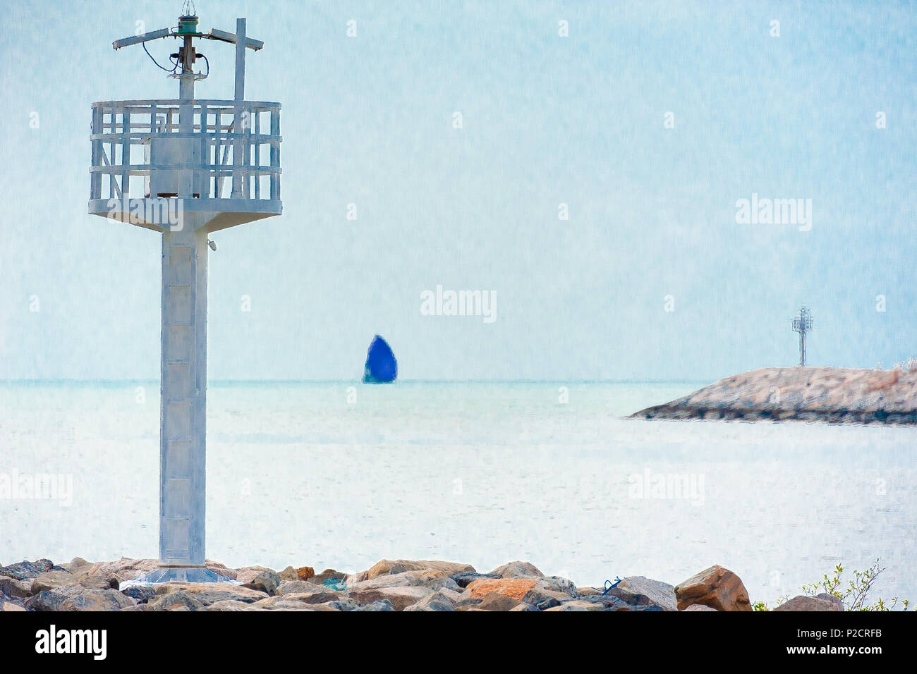 Lighthouses on rocky barriers. Digital brushwork of modern lighthouses ...