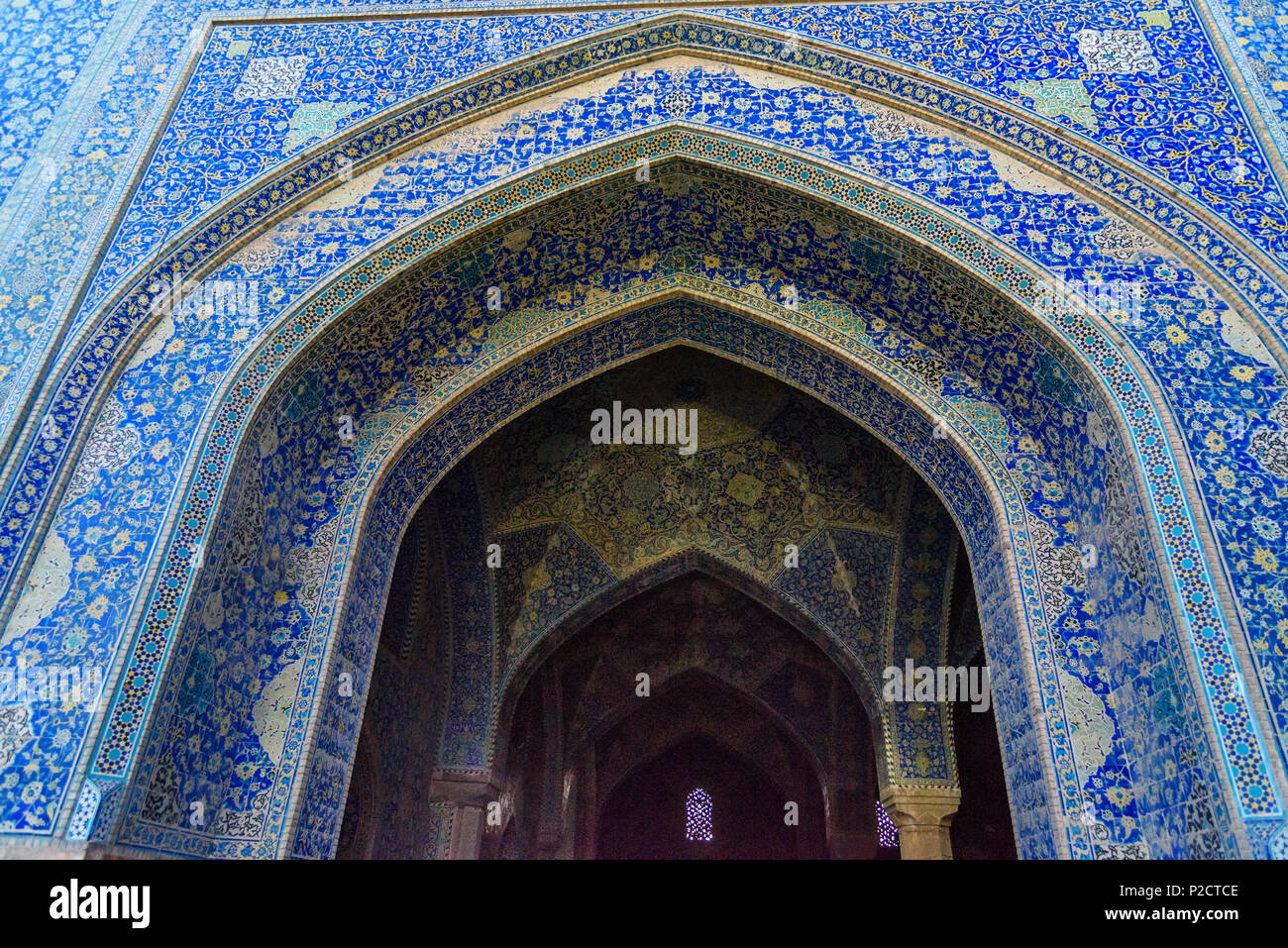 Decorated with colorful tiles in indoor yard of Shah Mosque or Imam ...