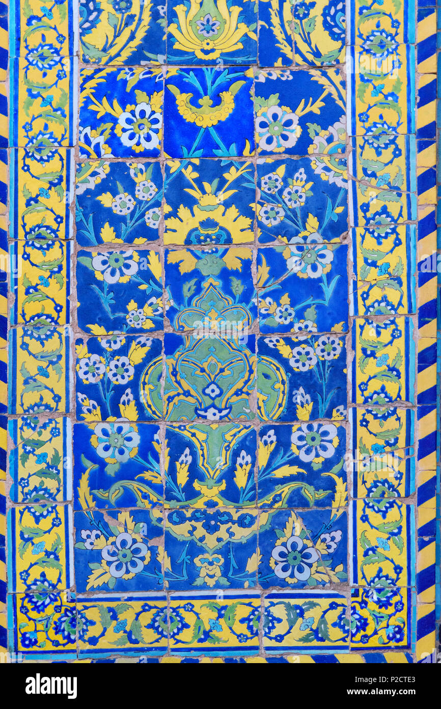Decorated with colorful tiles in indoor yard of Shah Mosque or Imam ...