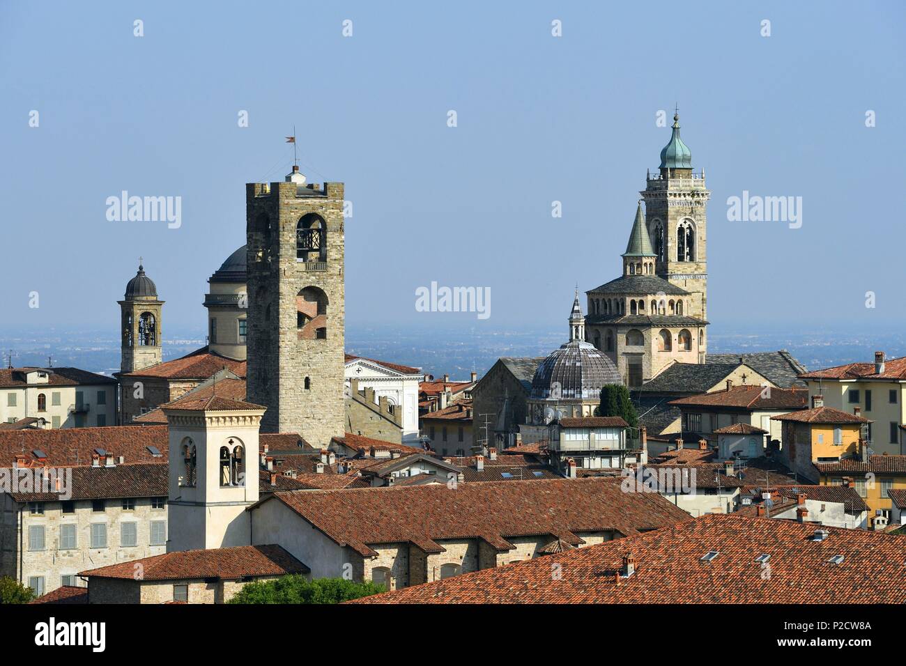 Italy, Lombardy, Bergamo, overview on the Citta Alta (upper citty) with ...