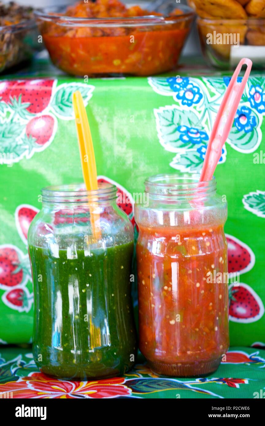 Mexico, Oaxaca State, Oaxaca, green chilli salsa and red pepper salsa ...