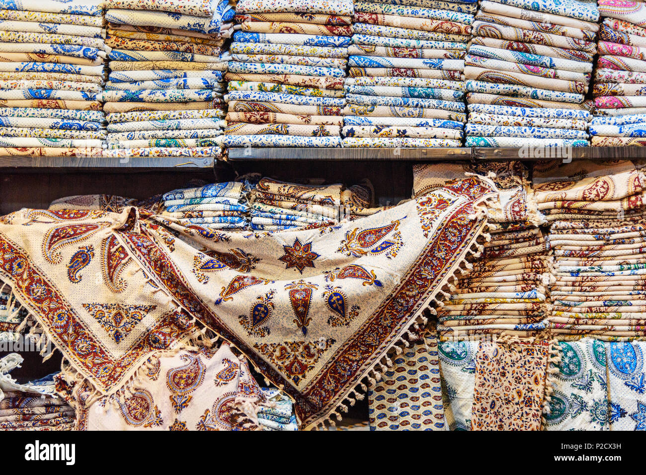 Traditional handmade textile in Grand Bazaar. Isfahan. Iran Stock Photo ...