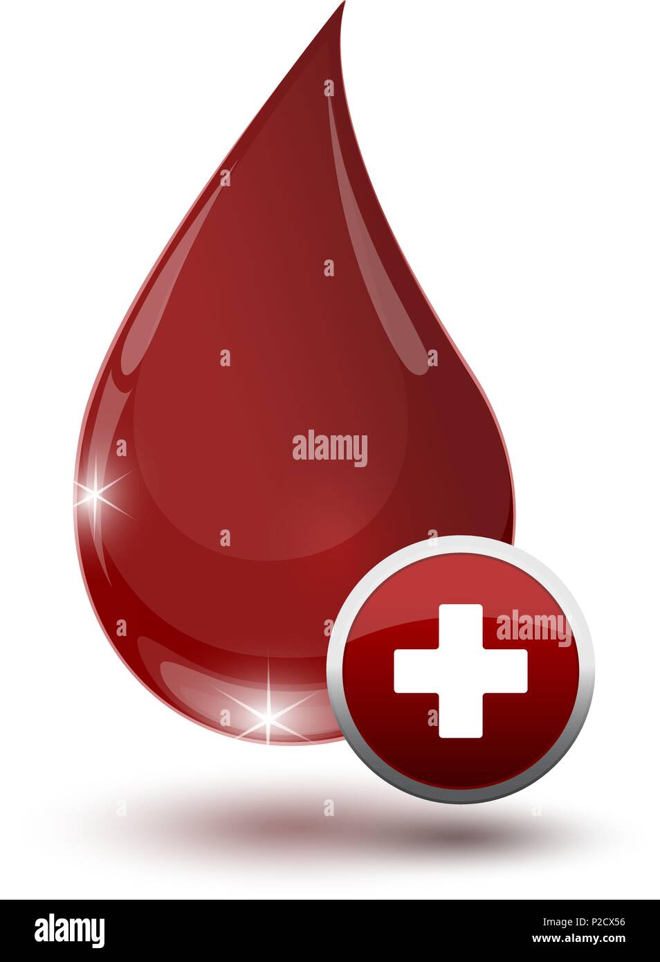 large glossy red drop of blood with medical sign on a white background ...