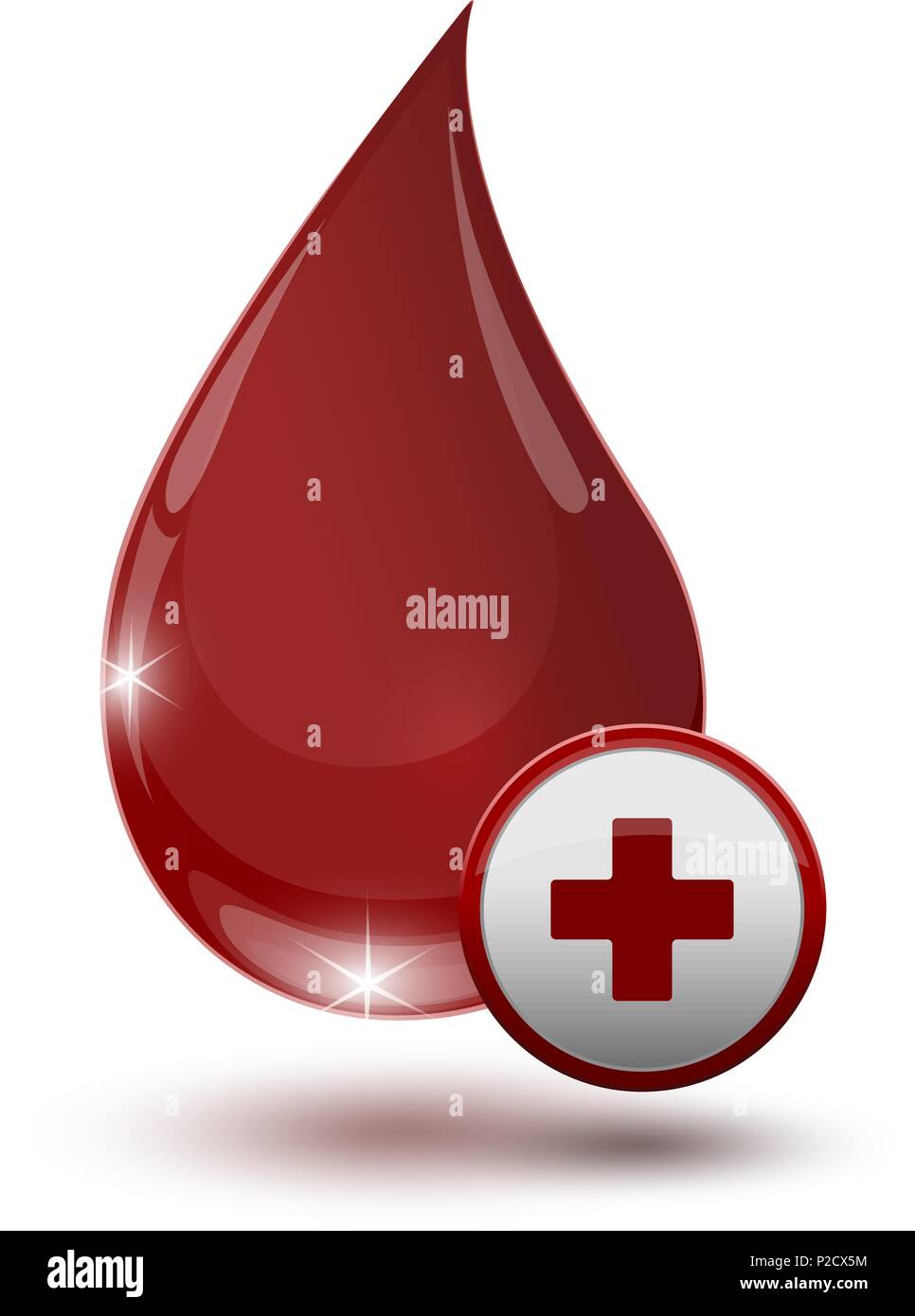 large glossy red drop of blood with medical sign on a white background ...