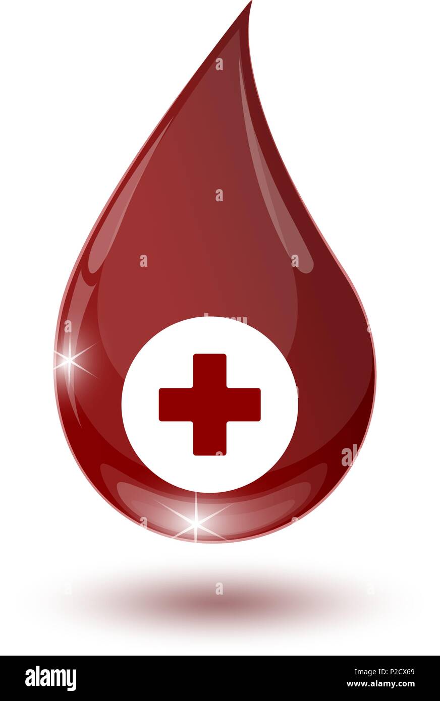 large glossy red drop of blood with medical sign on a white background ...