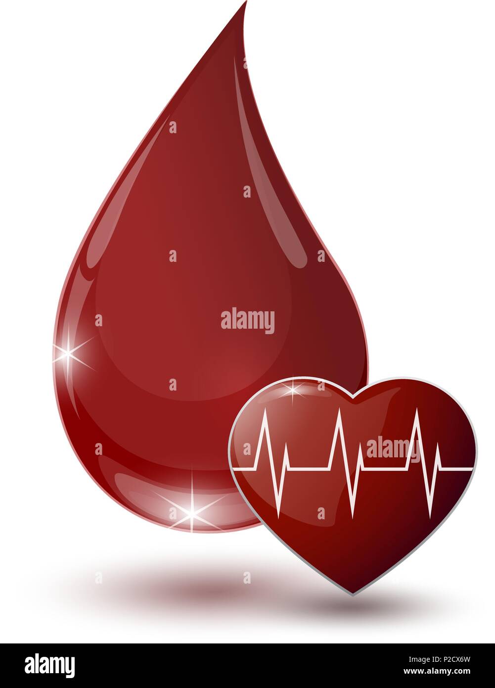 large glossy red drop of blood with medical sign heart on a white ...