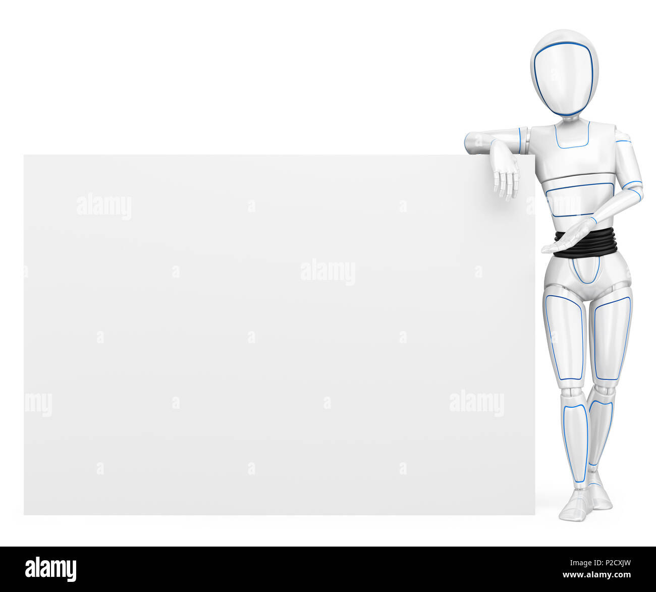 3d futuristic android illustration. Humanoid robot leaning on a blank ...