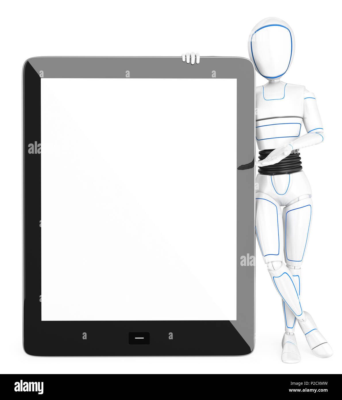 3d futuristic android illustration. Humanoid robot leaning on a huge ...