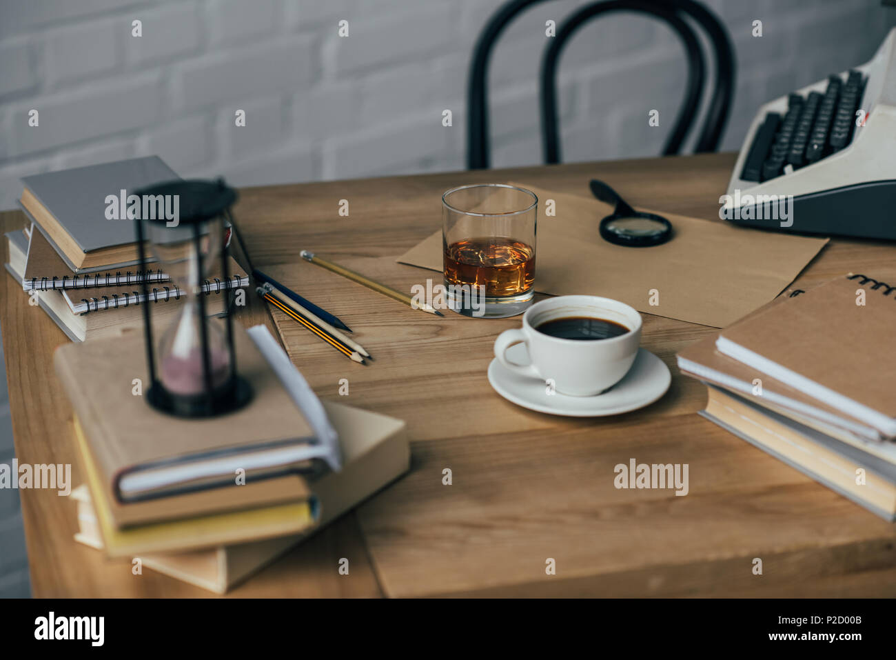 old fashioned writer workplace with coffee and whiskey glass Stock ...