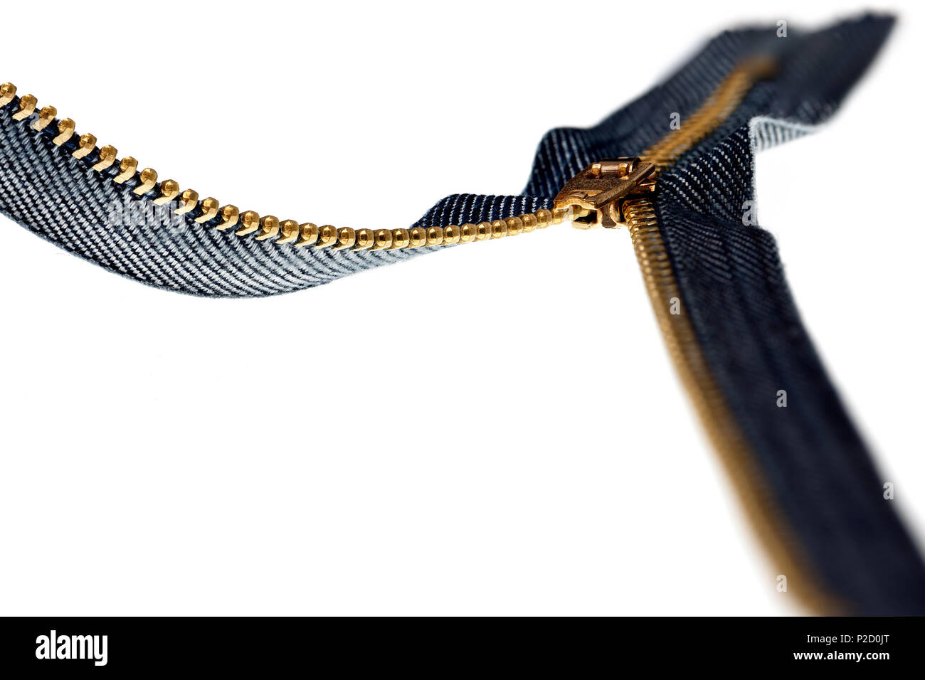 Dark blue zipper wide open, and isolated on a pure white background ...