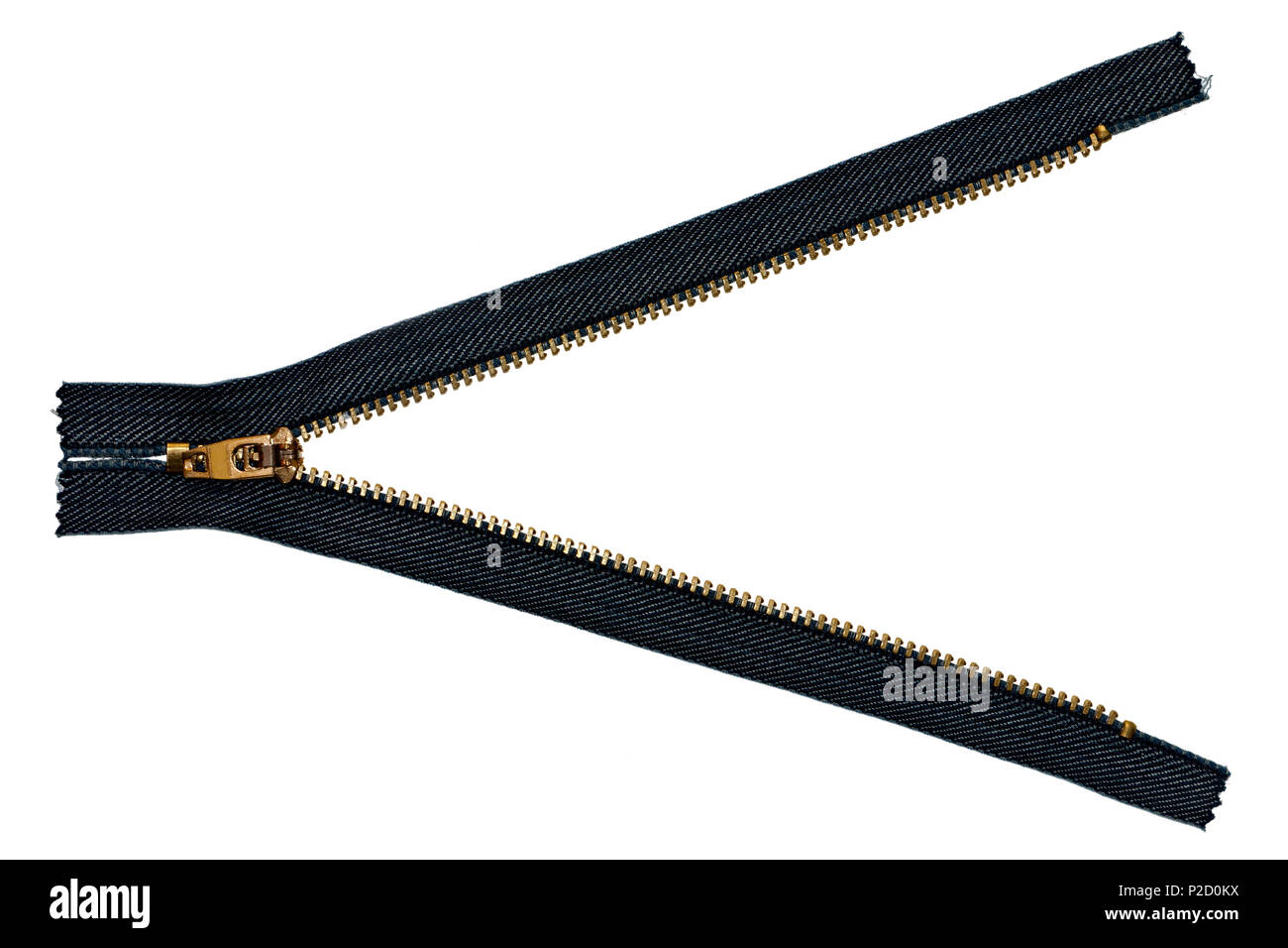 Dark blue zipper wide open, and isolated on a pure white background ...