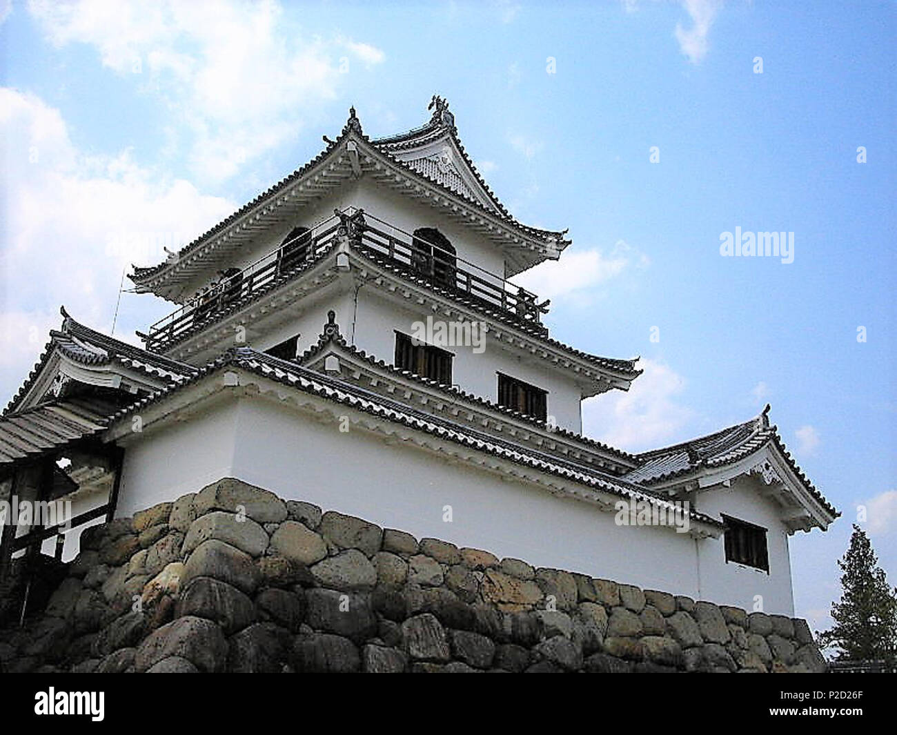 . The rebuilt Three-storied tower of Shiroishi castle in Shiroishi ...