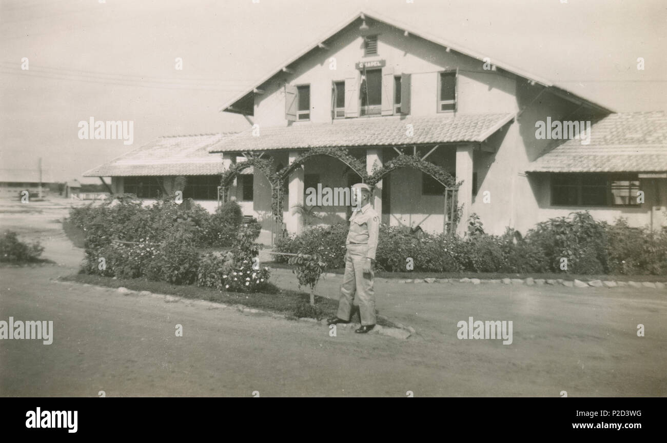 Vintage 1944 photograph, soldier in front of the chapel at Natal Air ...