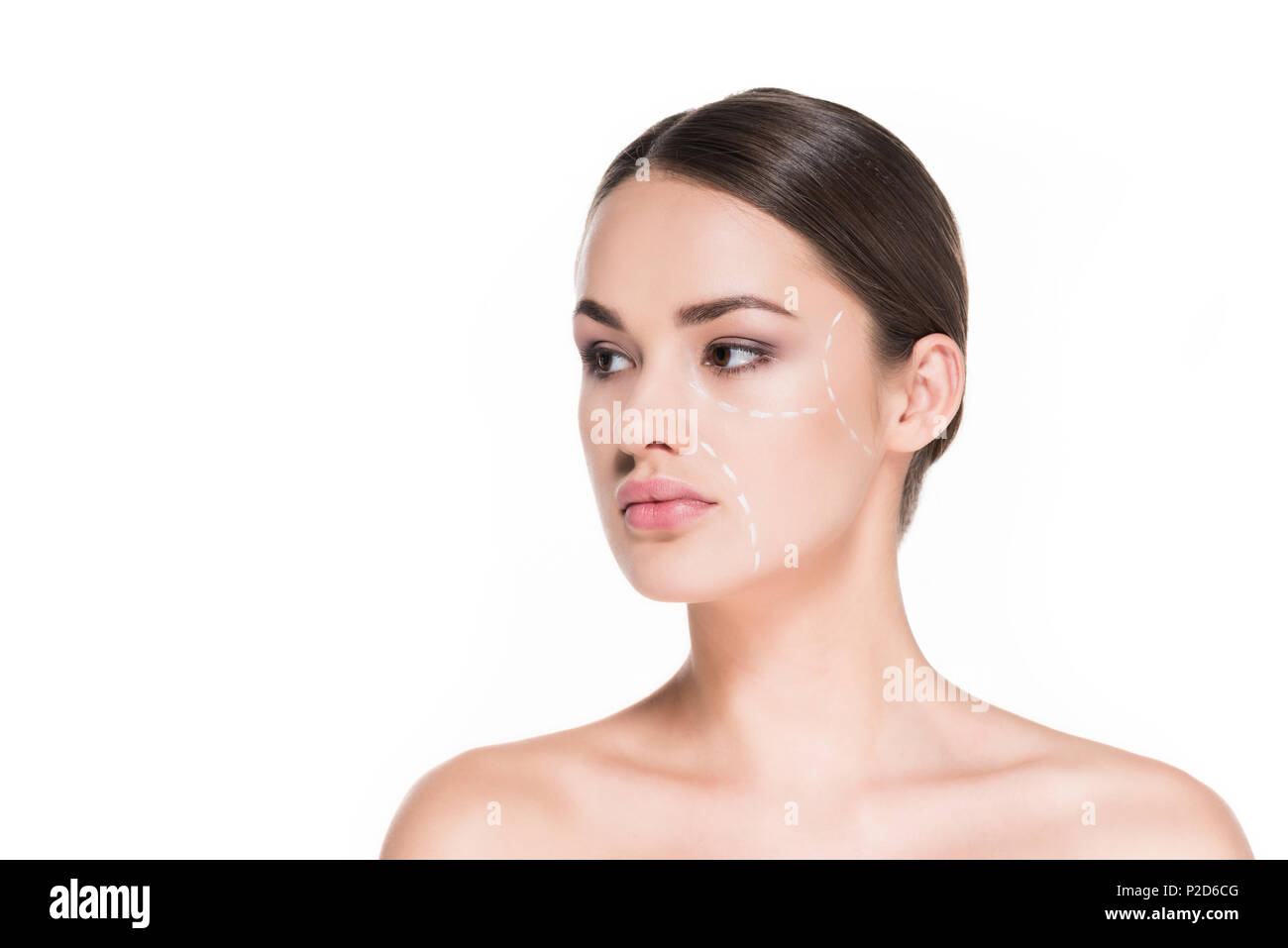 beautiful young woman with dotted line drawn on face for plastic ...