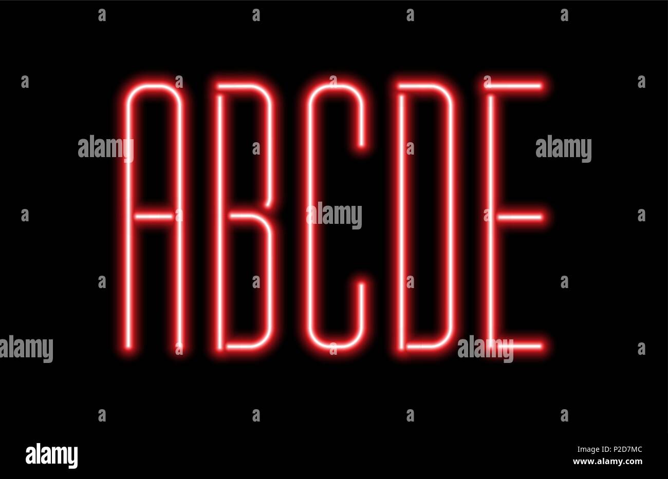 Bright red neon letters on a black background. Letters A, B, C, D, E ...