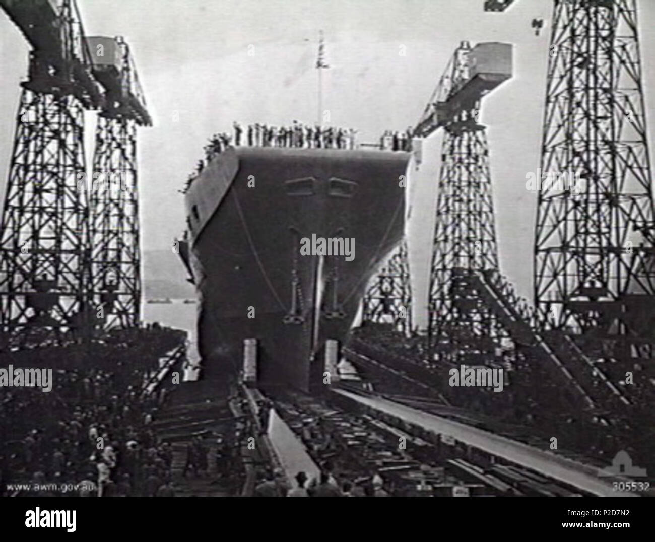 . DEVONPORT, ENGLAND. 1944-09-30. THE LAUNCHING OF THE AIRCRAFT CARRIER ...