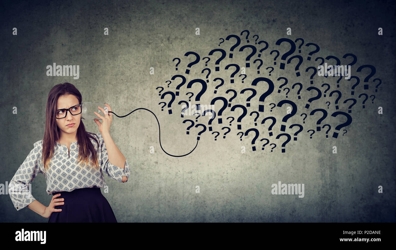 funny looking nosy woman having troubled communication and too many ...