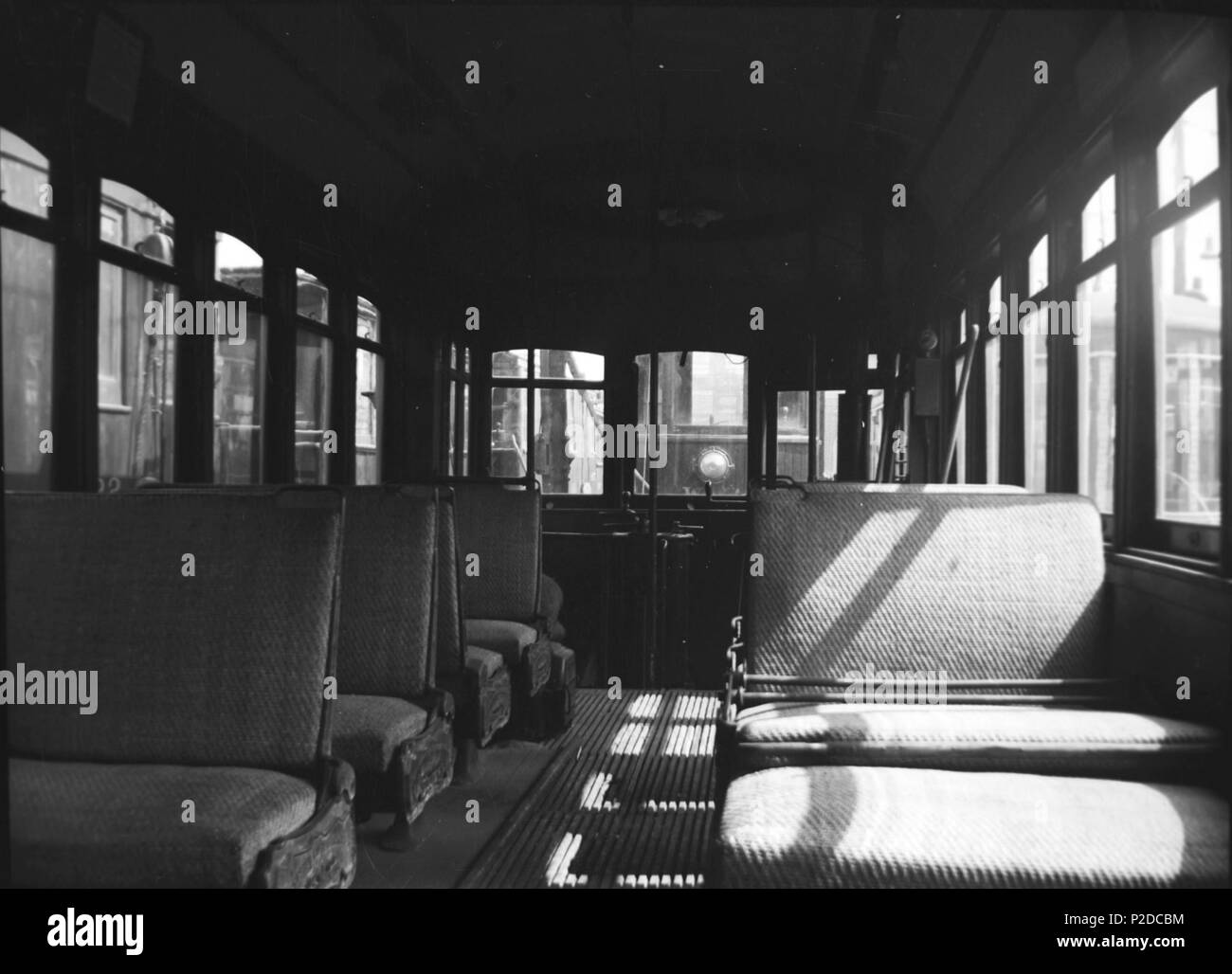 . Interior of TTC streetcar 2200, at the Dundas yard in 1939. Original ...
