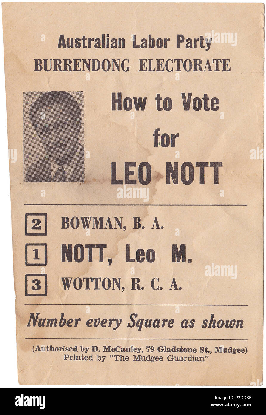 31 Leo nott ALP 1973 how to vote slip Stock Photo - Alamy