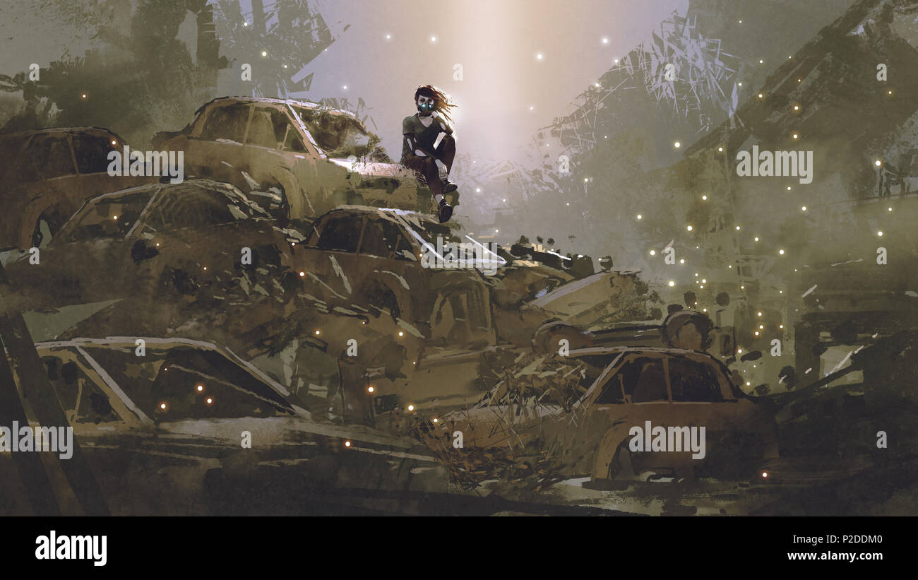 post-apocalyptic scene showing the woman with a mask sitting on pile of ...