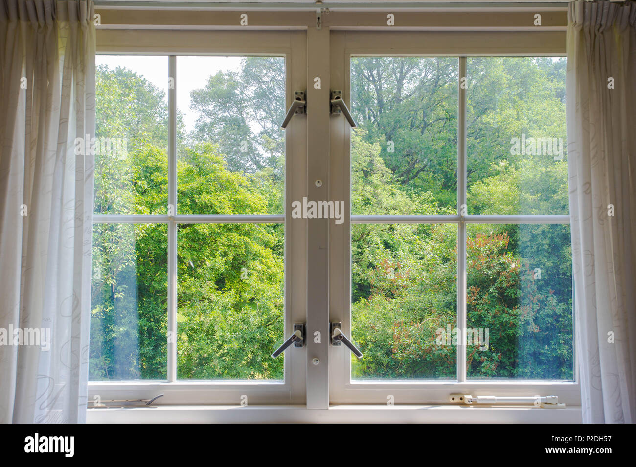 Beautiful cozy window with green forest view and white curtains Stock ...