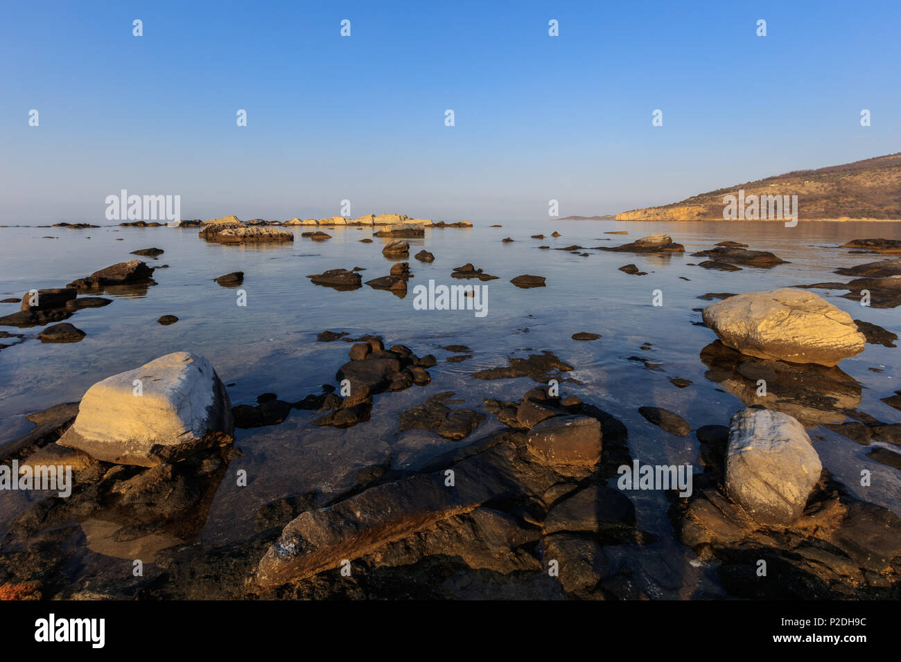 Aegean seashore and marble rocks in Aliki, Thassos island, Greece Stock ...