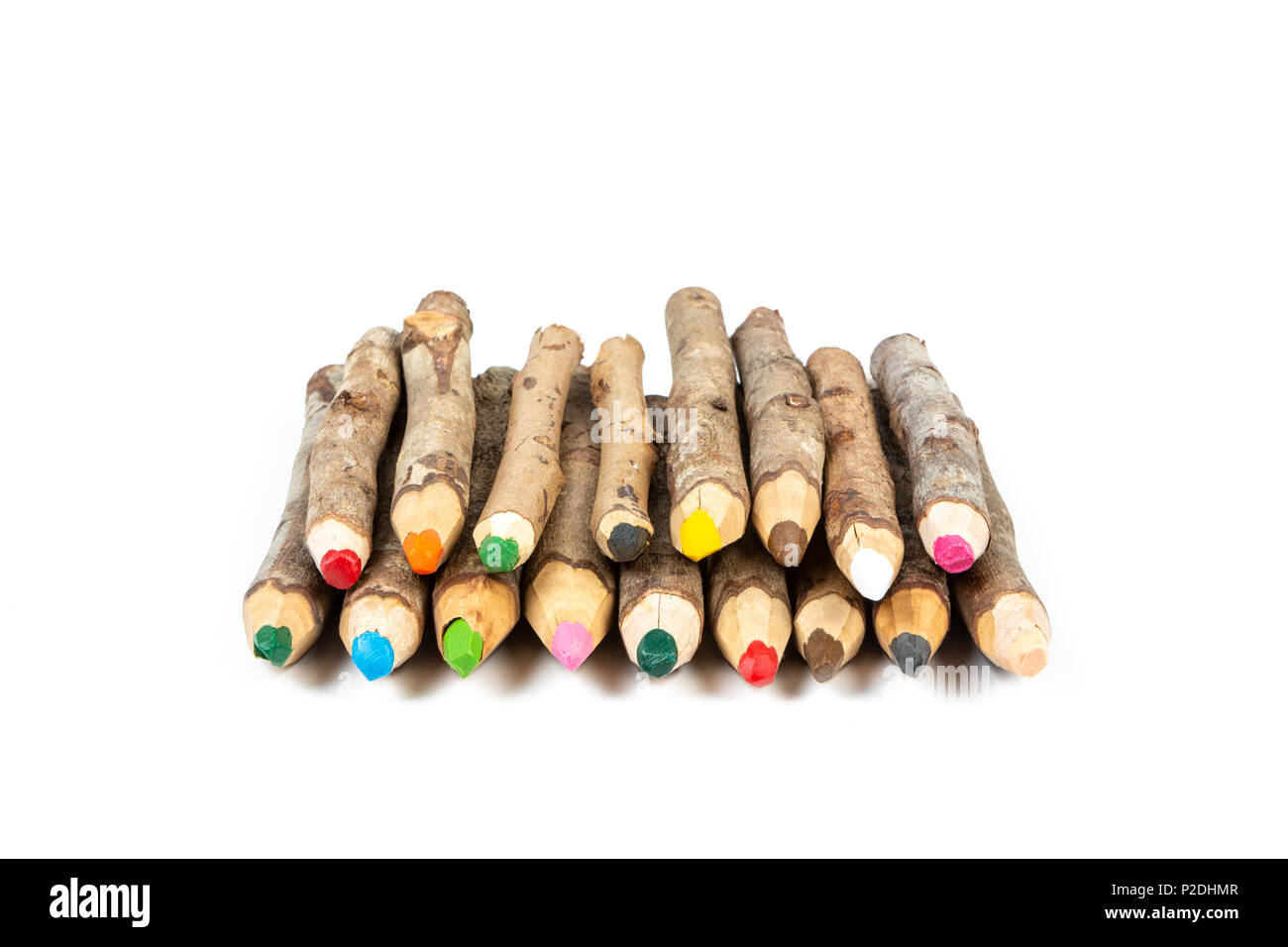 Close up of handmade wooden color pencils on white background Stock ...