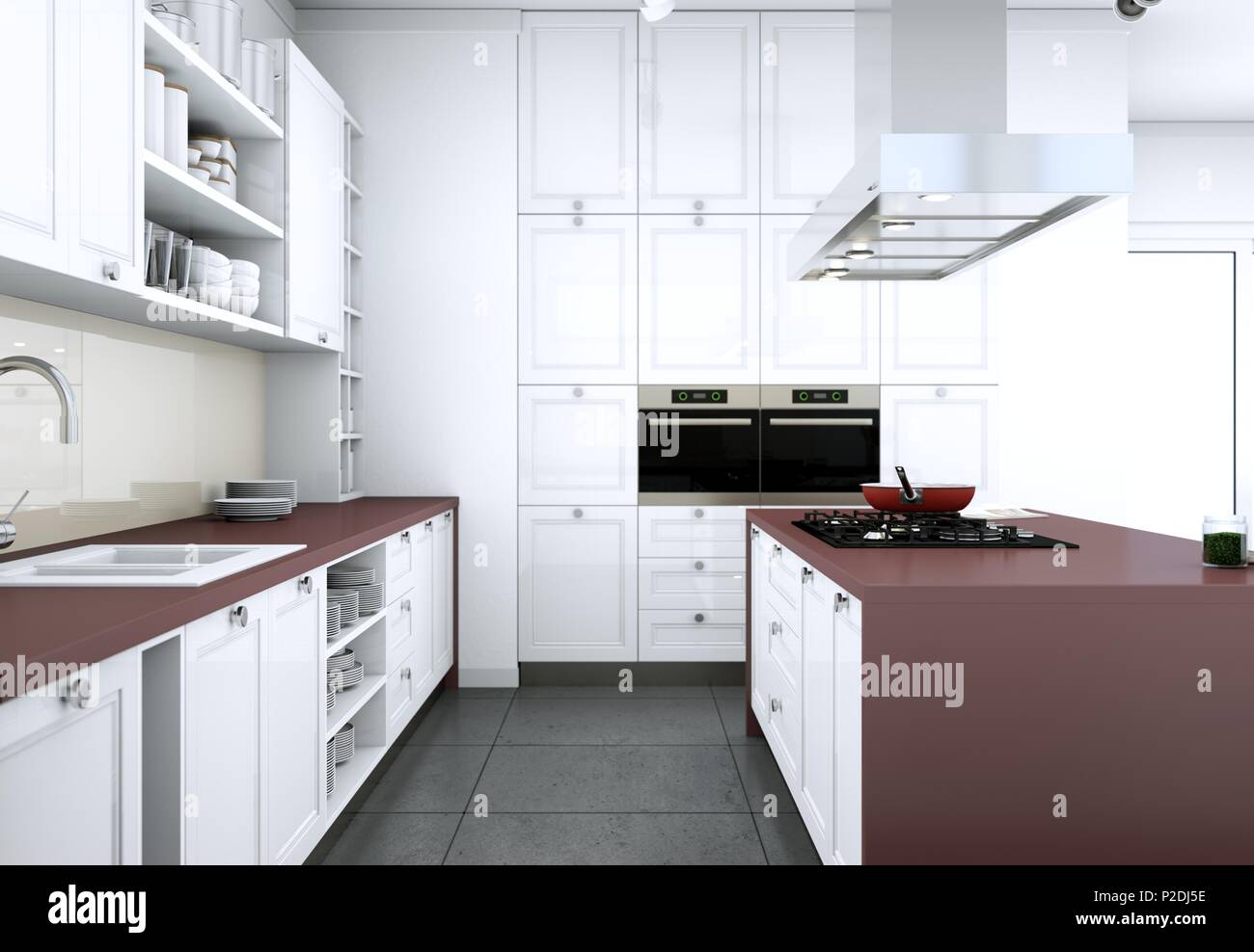 White modern kitchen in a flat with beautiful design Stock Photo - Alamy