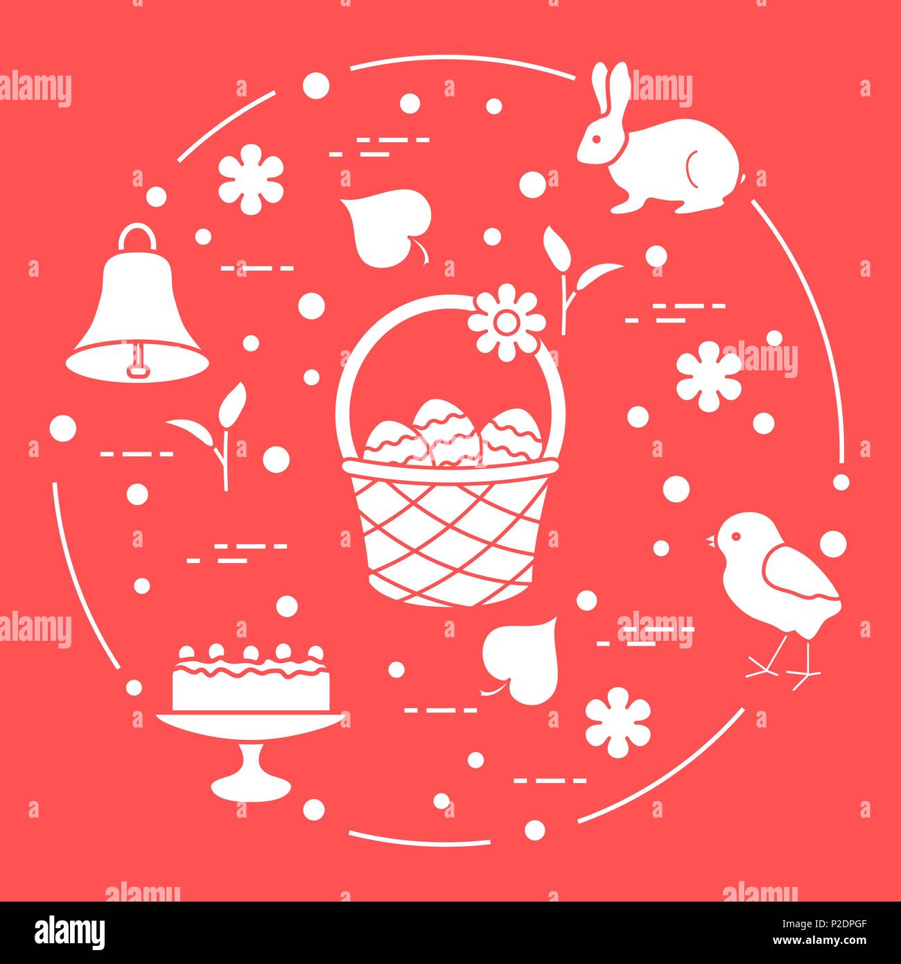 Easter symbols. Simnel cake, basket, eggs, bell, rabbit, chick, flowers ...