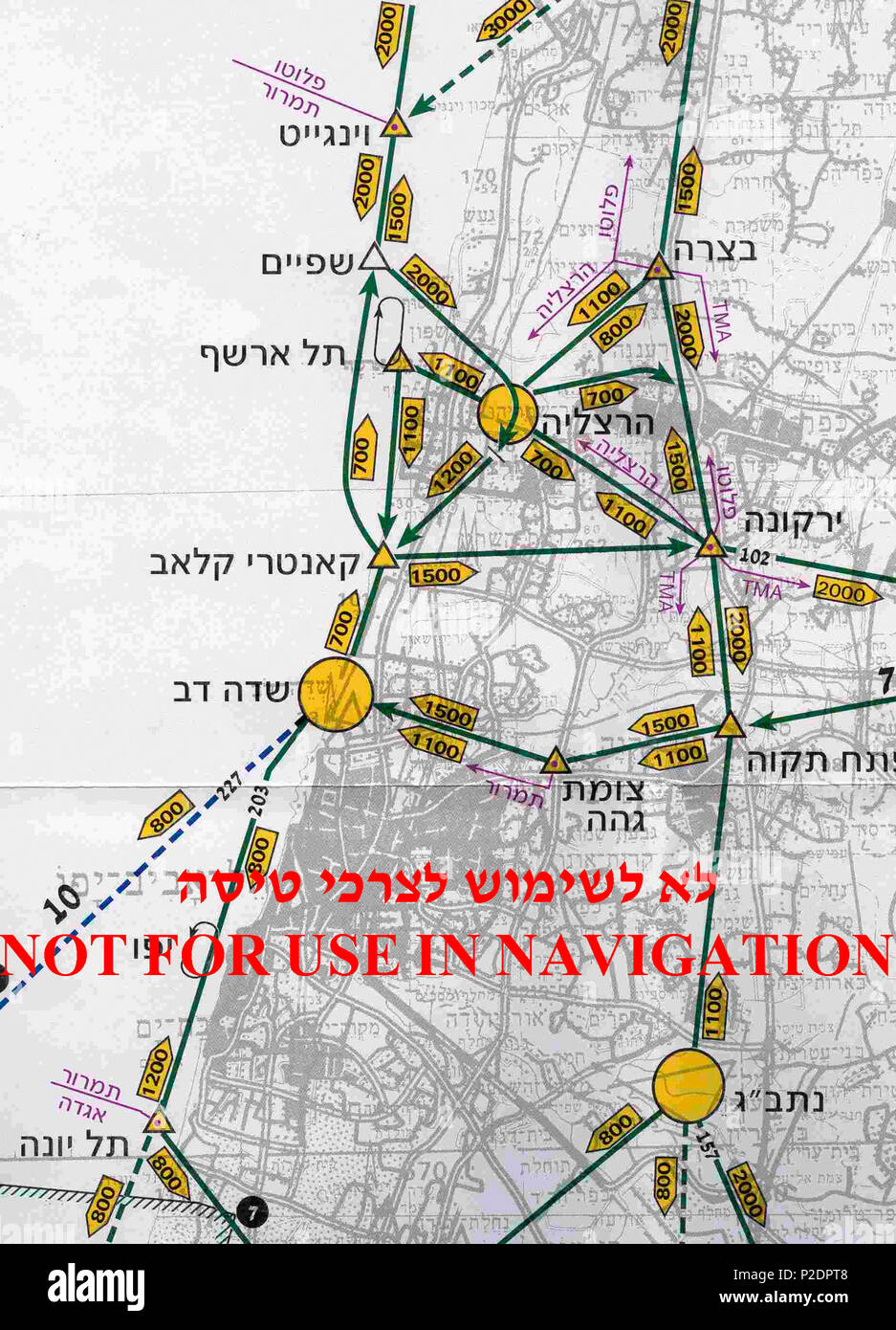 . English: Section of CVFR flight routes map of Tel Aviv (Israel) area ...