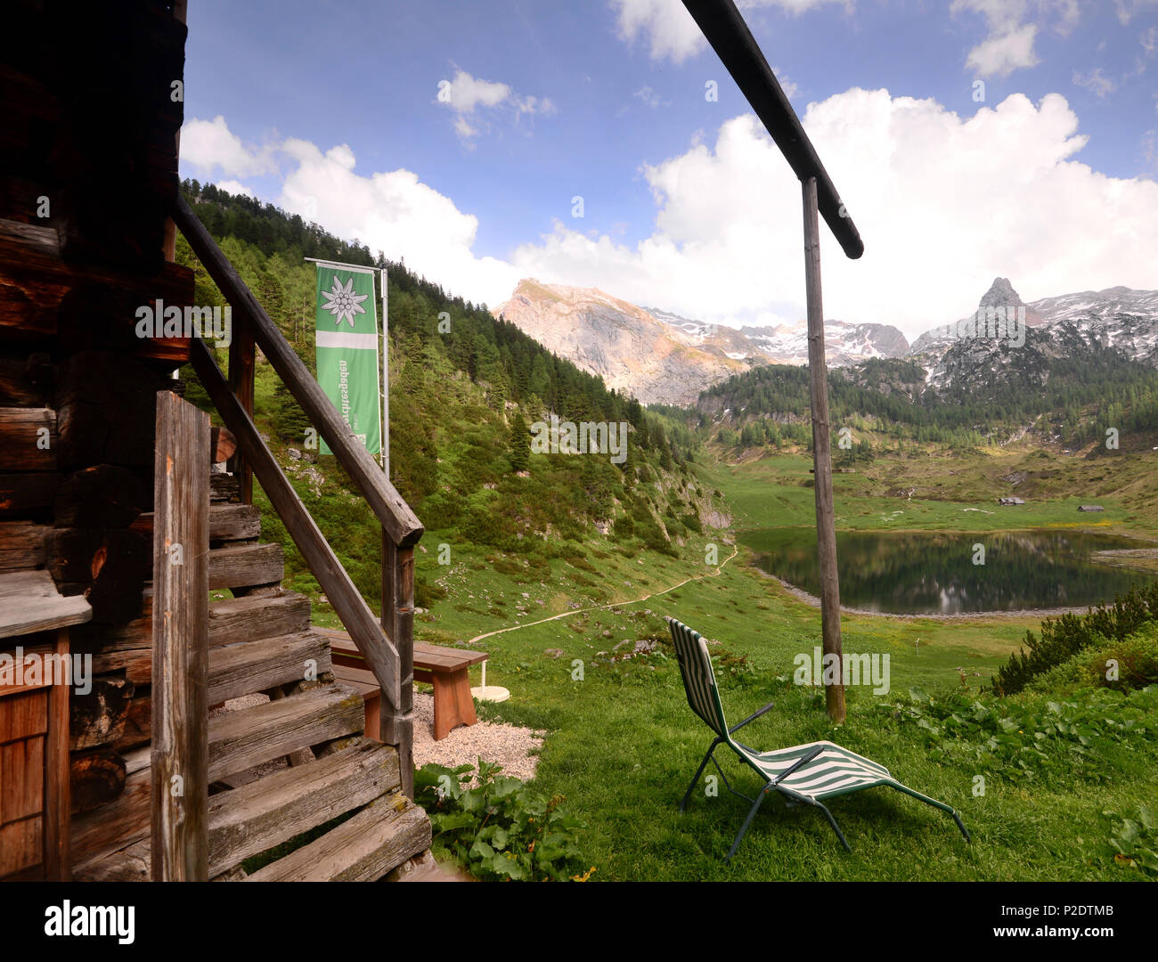 Kaerlinger hut at lake Funtensee over lake Koenigssee, Berchtesgaden ...