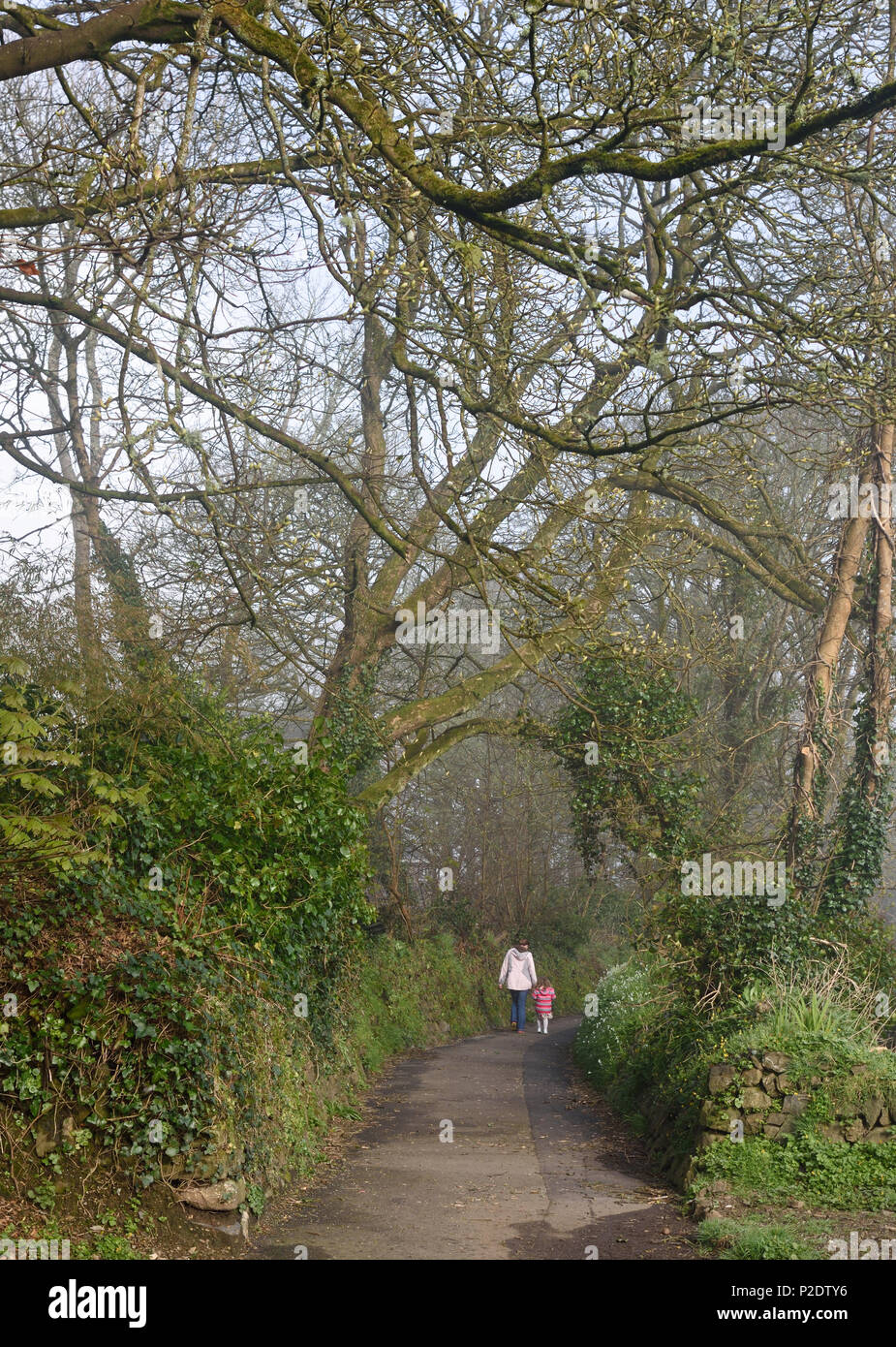 A woman and child walk down Lovers Lane, Redruth, Cornwall Stock Photo ...