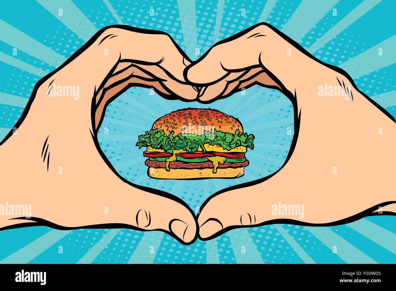 Burger, hand gesture heart. Comic cartoon pop art retro vector ...