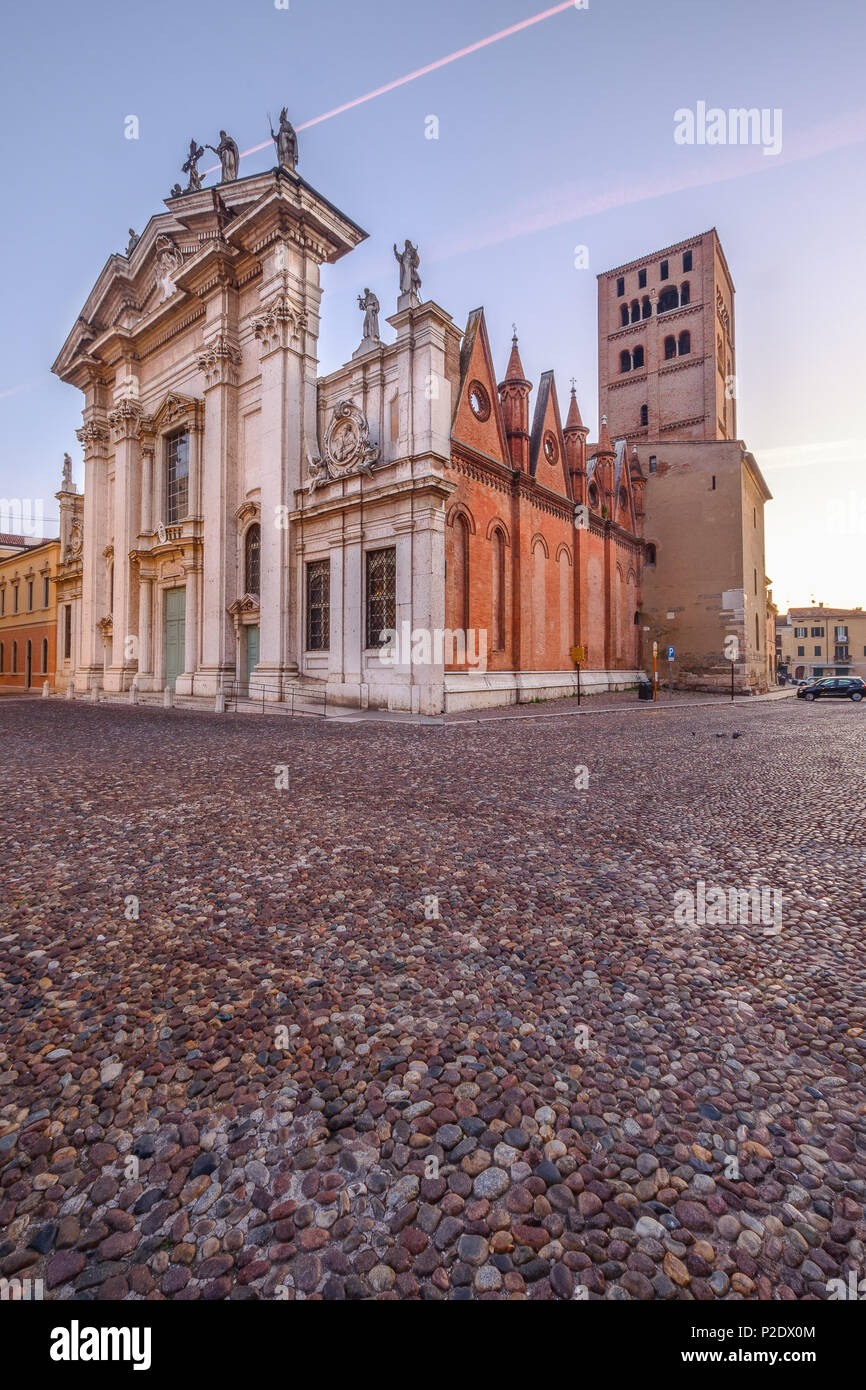 Angular view of Mantua Cathedral during summer sunrise. Mantua, Italy ...