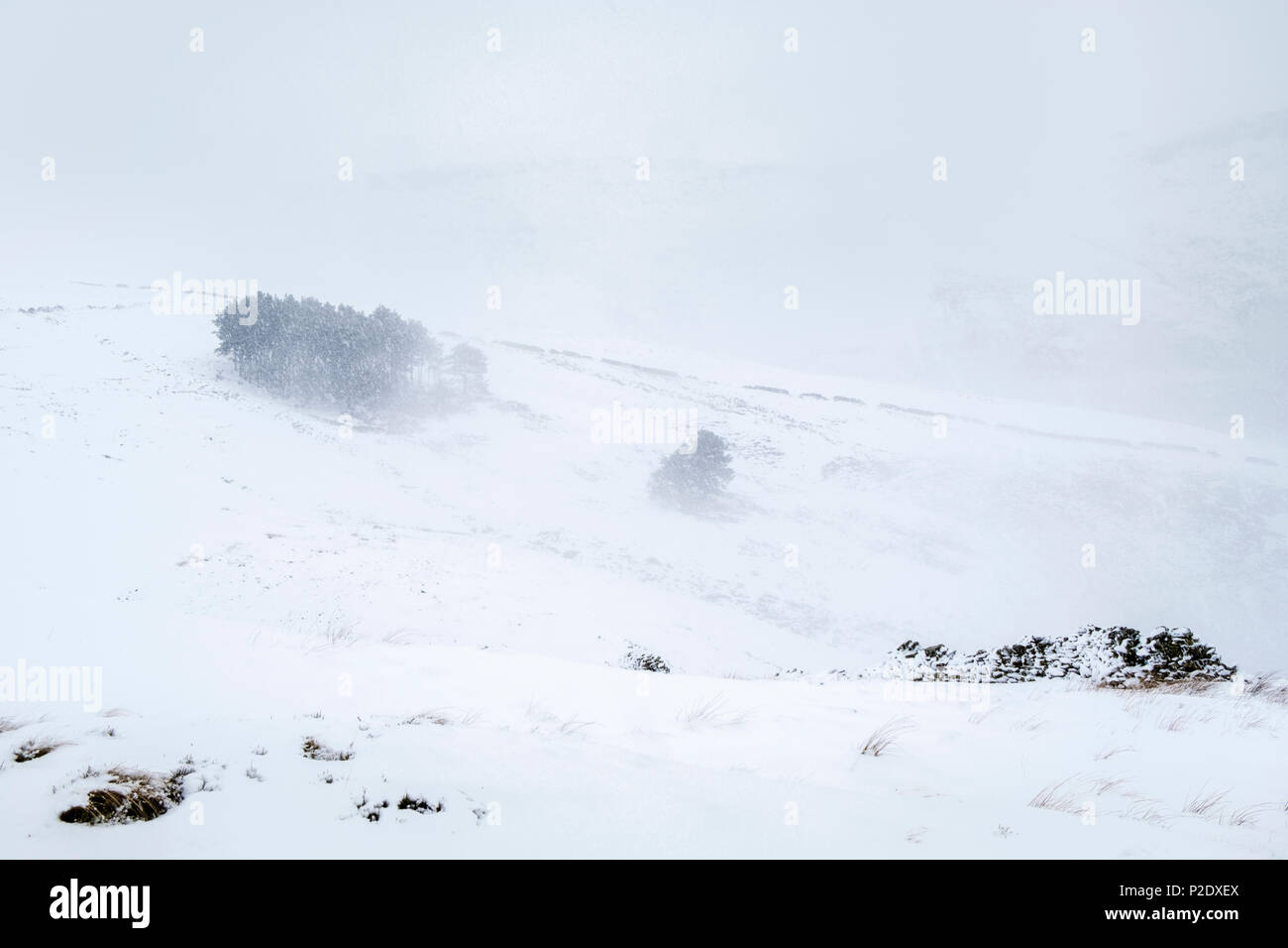 A blizzard in the Peak District countryside. Winter snow on the hills ...