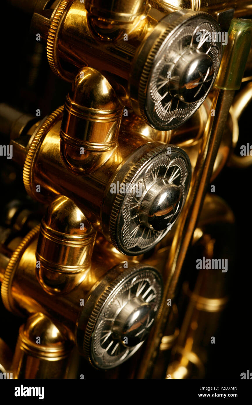 close-up of the valve covers of a rotary-valved trumpet Stock Photo - Alamy