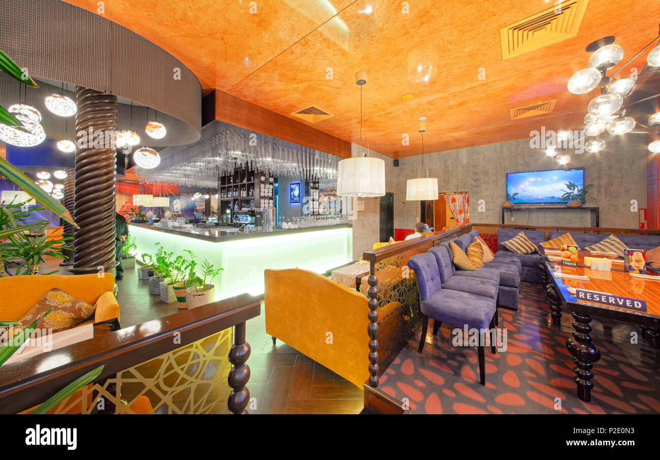 MOSCOW - SEPTEMBER 2014: The interior of the oriental restaurant ...