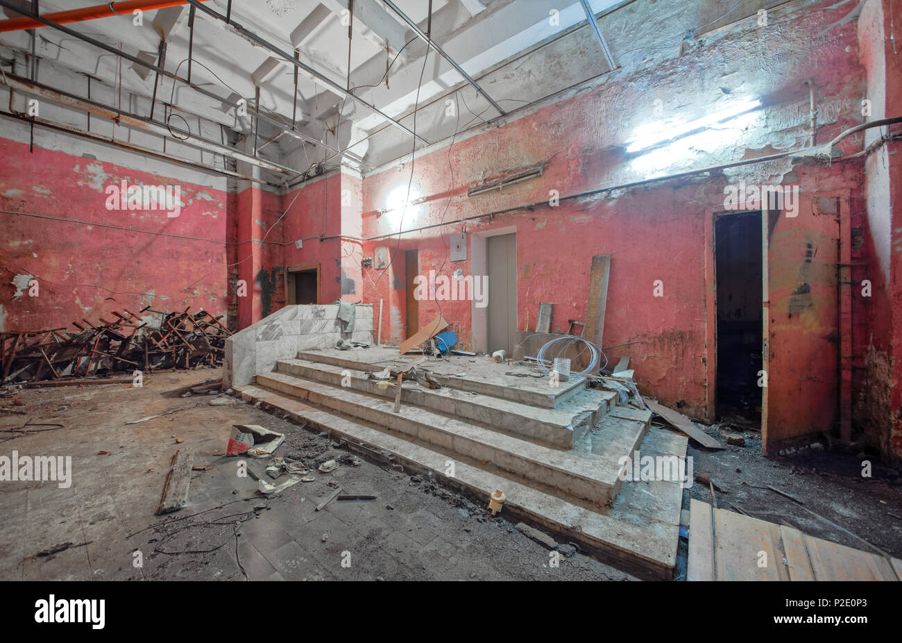 Large abandoned basement of the Soviet research Institute with pink ...