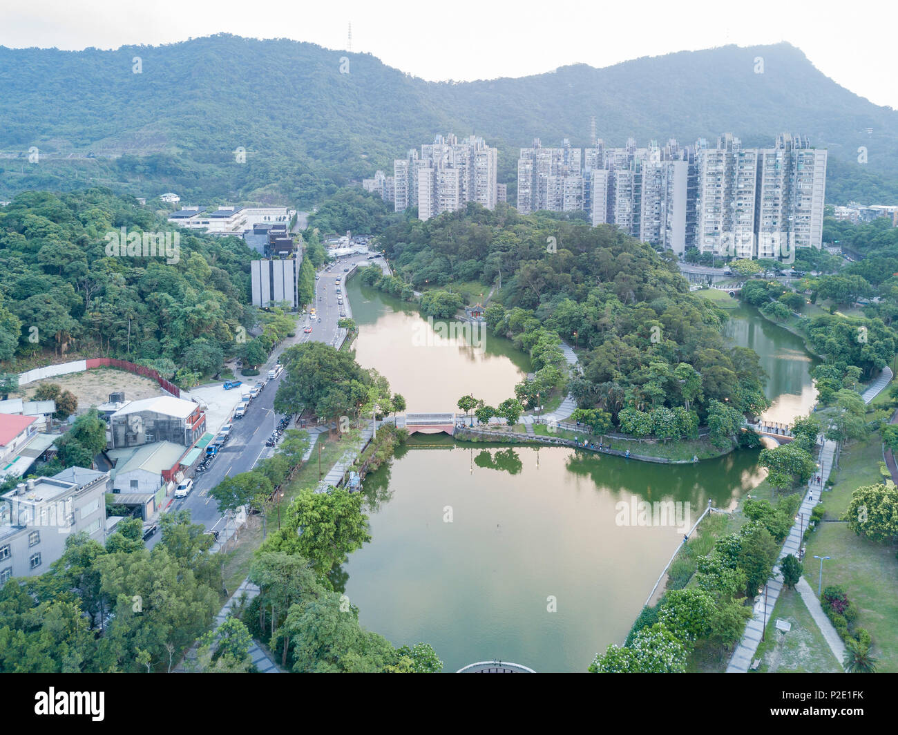 Aerial view of the beautiful landscape of Nangang Park at Taipei ...