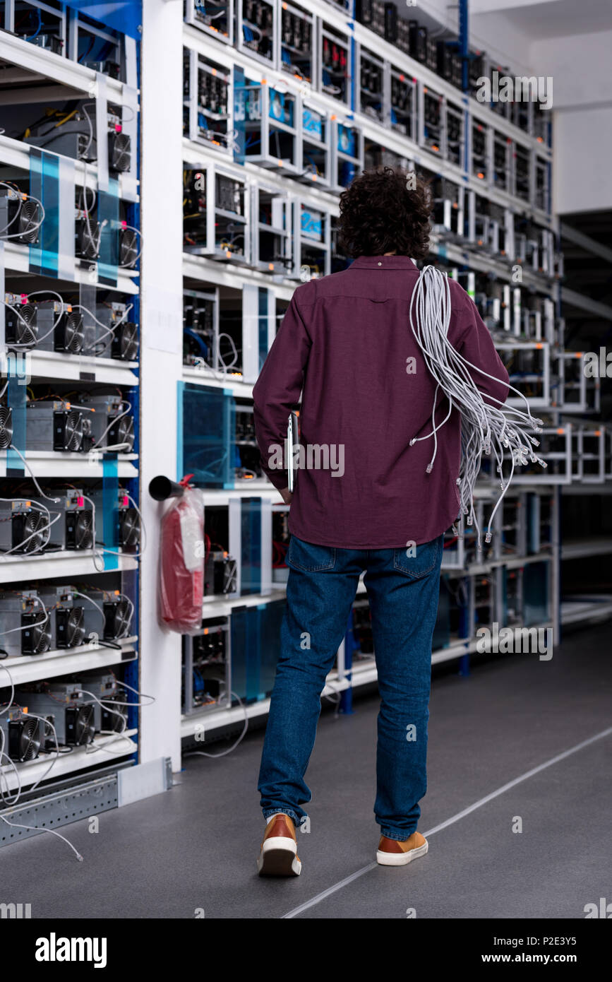 rear view of computer engineer with ethernet wires on shoulder at ...