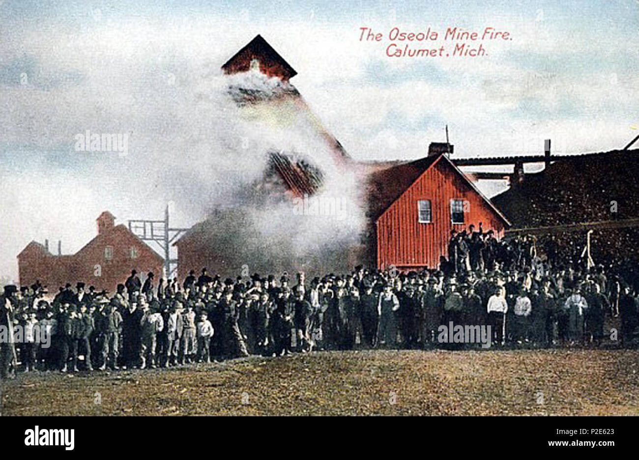 . English: Color image showing the fire at the Osceola Mine that ...