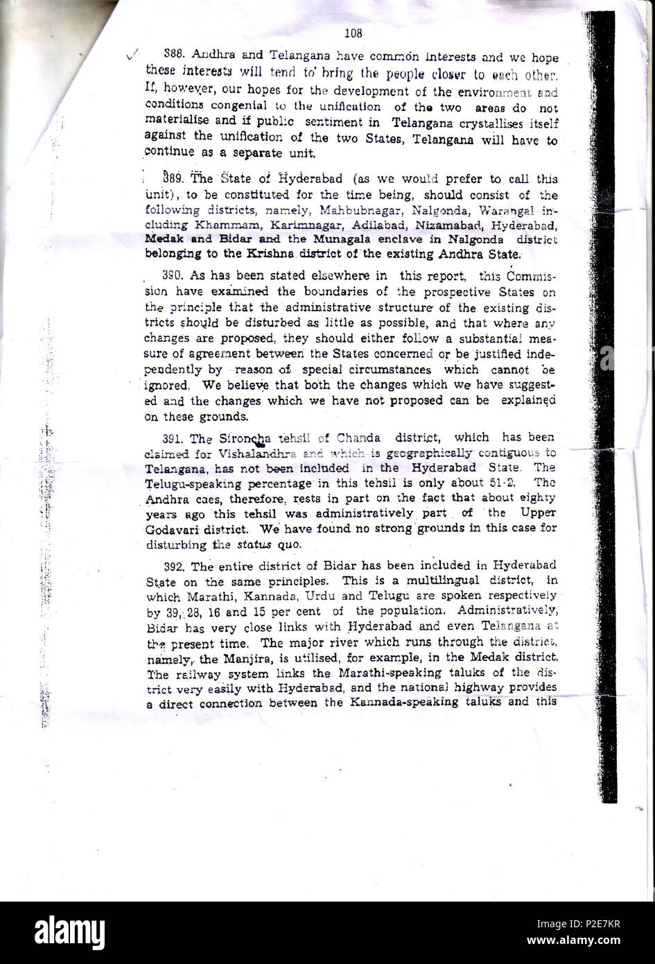 . English: State's Reorganization commission Report 1955 paras 388-392 ...