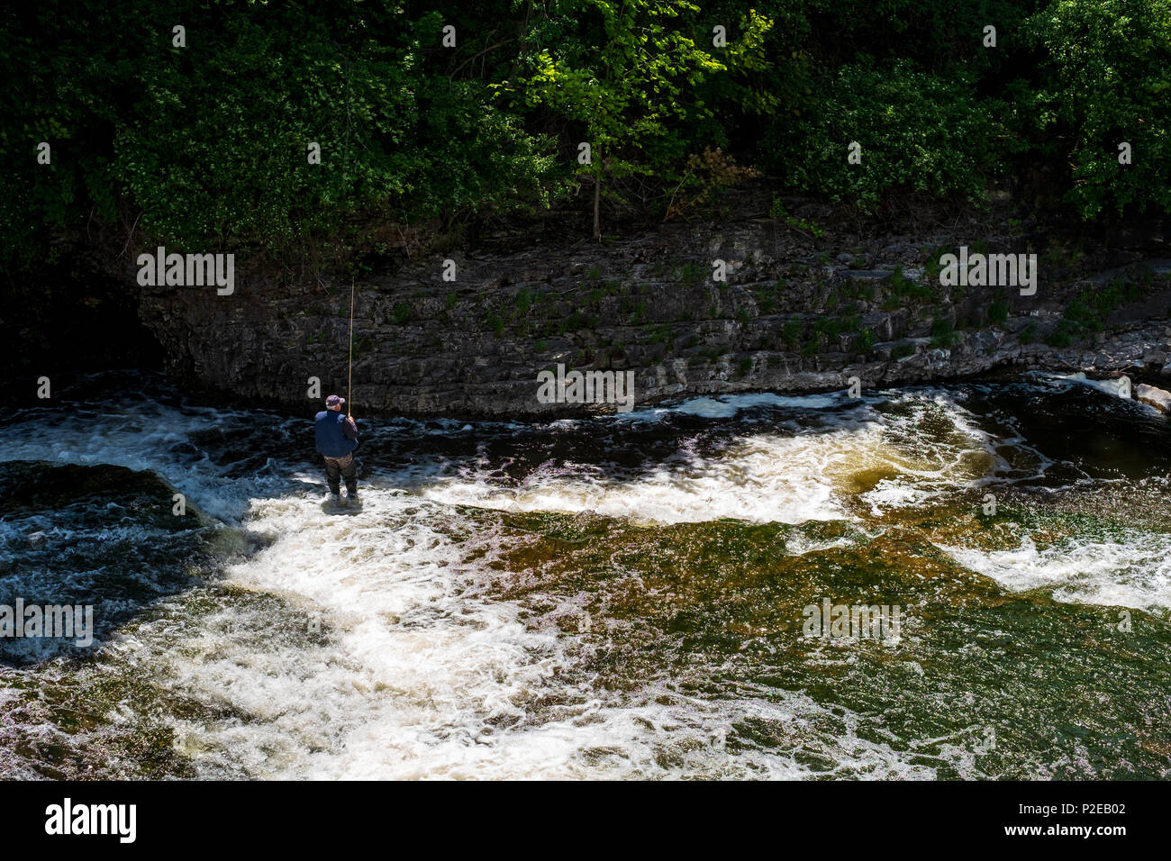 A man wearing hip waders fishes in the Grand River as it runs through ...
