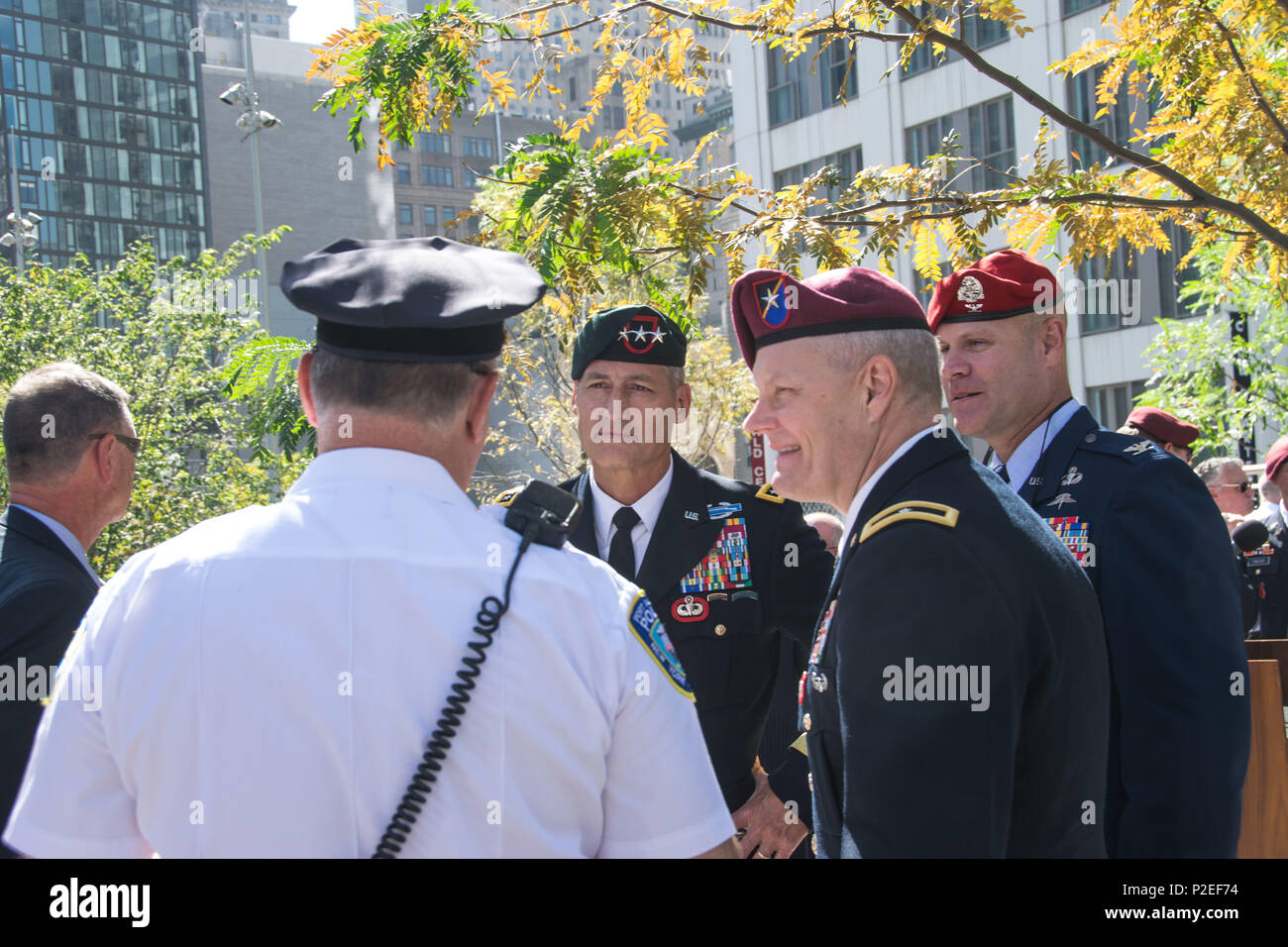 A member of the Port Authority police talks with Lt. Gen. Kenneth E ...