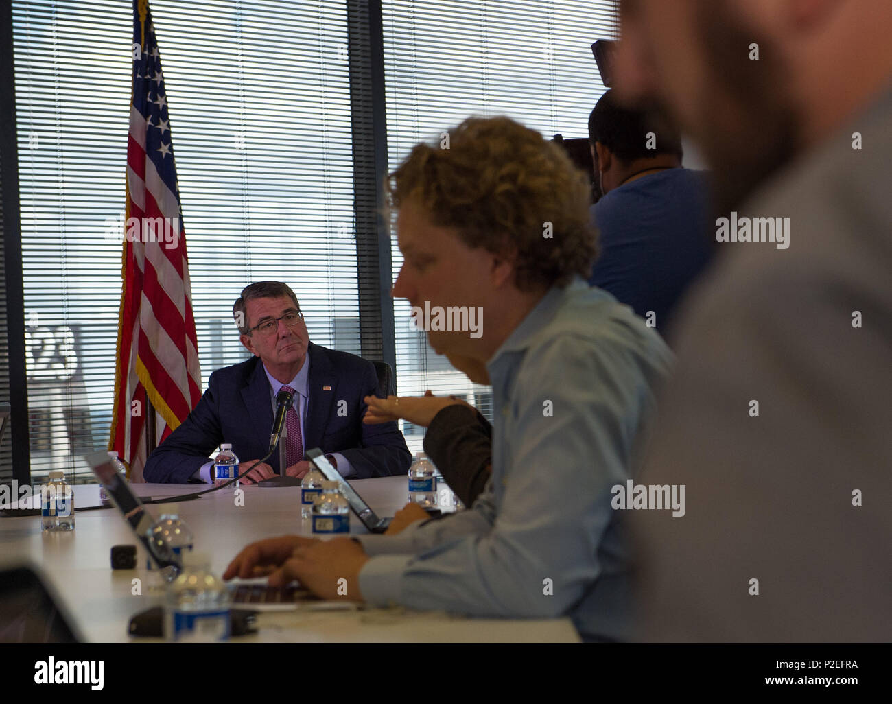 Defense Secretary, Ash Carter, speaks to the media during a visit to ...