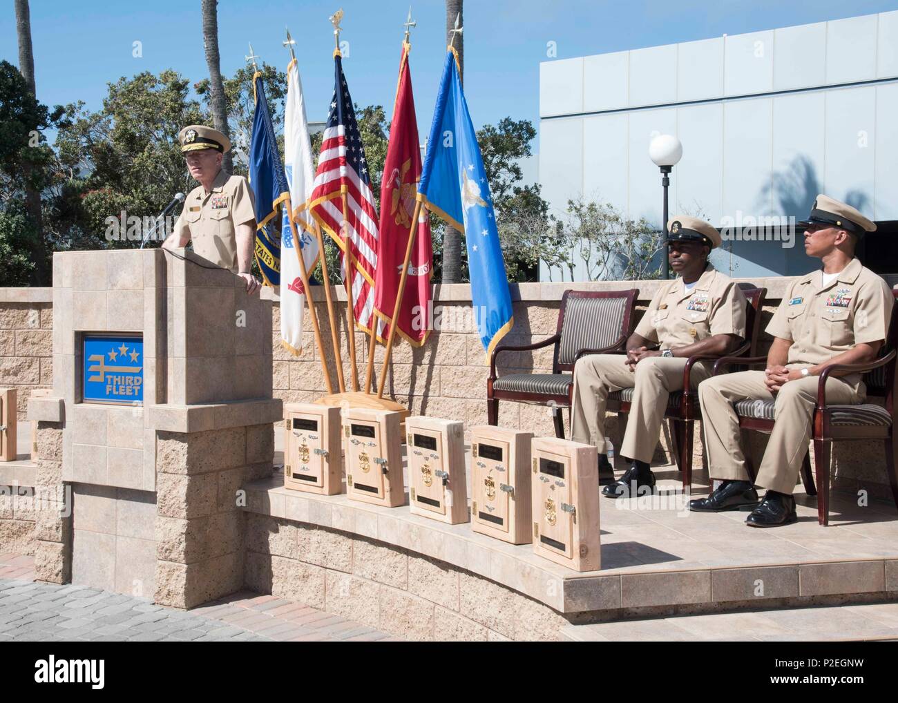 Rear Adm. Russell Allen, deputy commander, U.S. 3rd Fleet, speaks at a ...