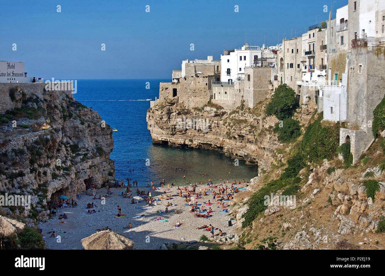Italy, Puglia, Polignano a Mare, Medieval centre perched on a rocky ...